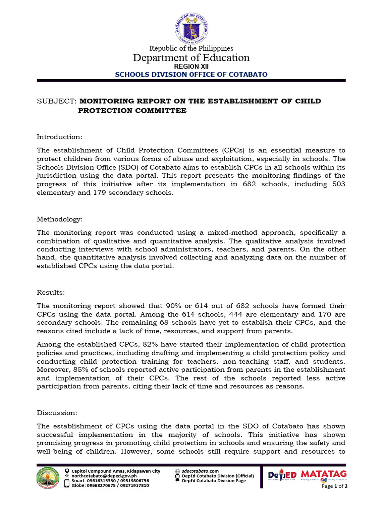 Monitoring Report On The Establishment of Child Protection Committee | PDF