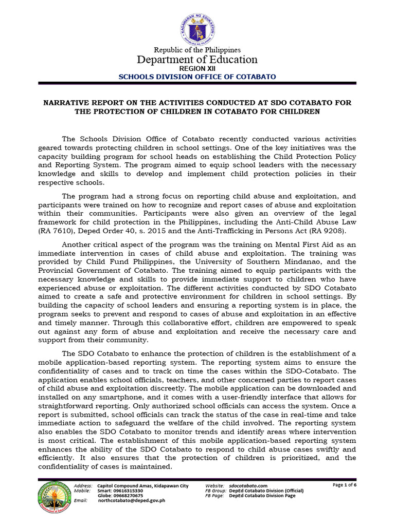 Narrative Report of The Activities Conducted For Children | PDF | Child Protection | Child Abuse