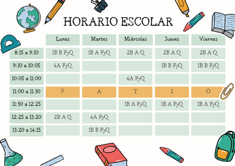 Horario Escolar Documento A4 Horizontal Pegatinas Colegio Juvenil Verde ...