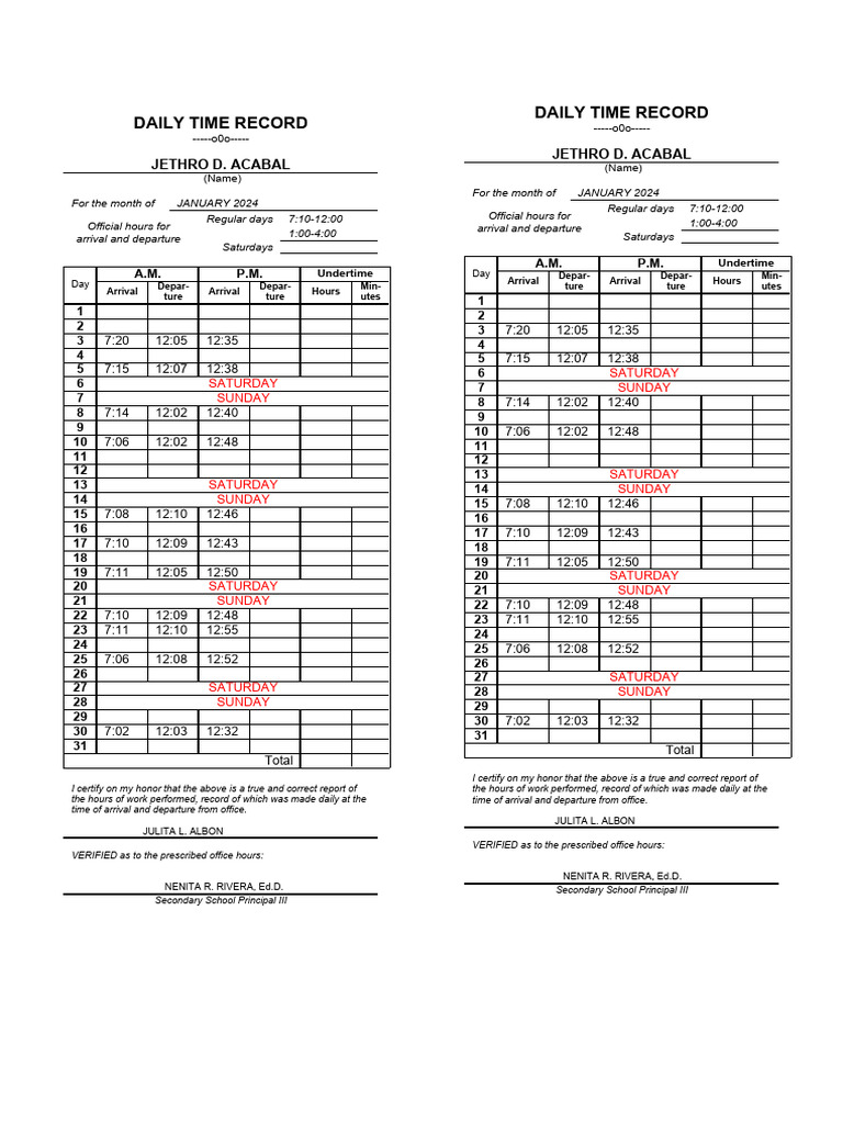 January 2024 Daily Time Record | PDF
