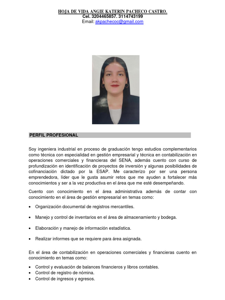 Hoja de Vida Angie Katerin Pacheco | PDF | Business | Economias