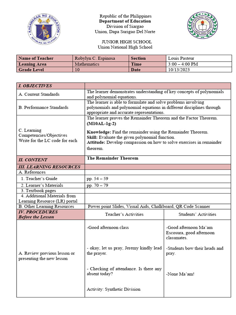 1ST QUARTER CO LESSON PLAN New | PDF | Polynomial | Learning