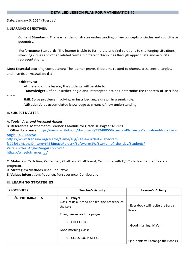 2nd QUARTER CO INSCRIBED ANGLES LESSON PLAN | PDF | Angle | Circle