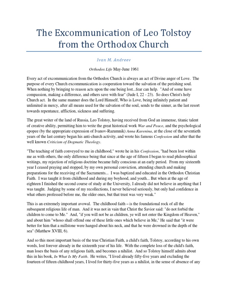 Tolstoy's Excommunication Explained | PDF | Eastern Orthodox Church ...