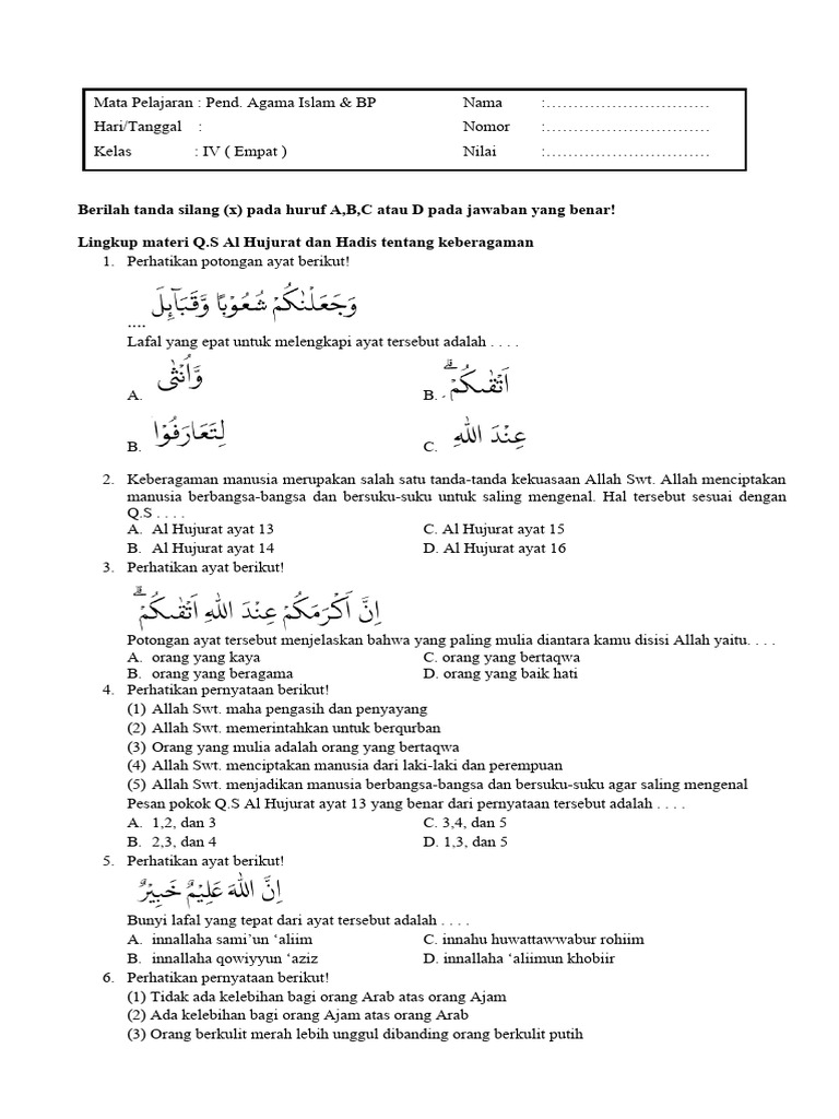 Soal Sas Pai KLS 4 Ganjil Tapel 2023/2024 | PDF