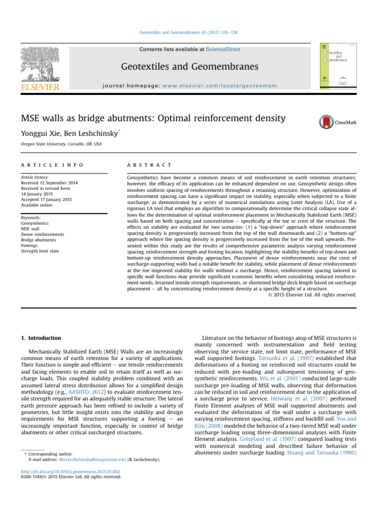 2015-MSE Walls As Bridge Abutments Optimal Reinforcement Density | PDF ...