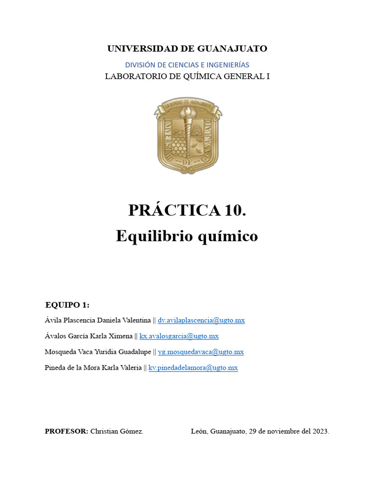 Reporte - Práctica 10 - Equilibrio Químico | PDF | Equilibrio químico | Reacciones químicas
