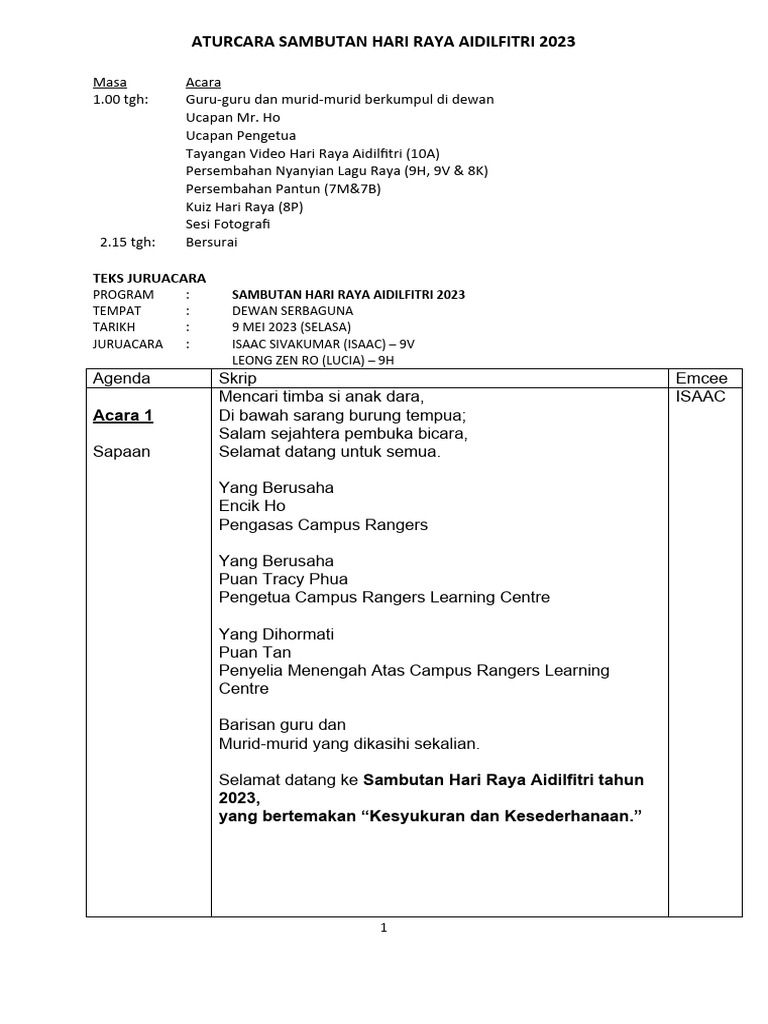 Teks Emcee Sambutan Hari Raya Aidilfitri 2023 CRLC (terkini) | PDF