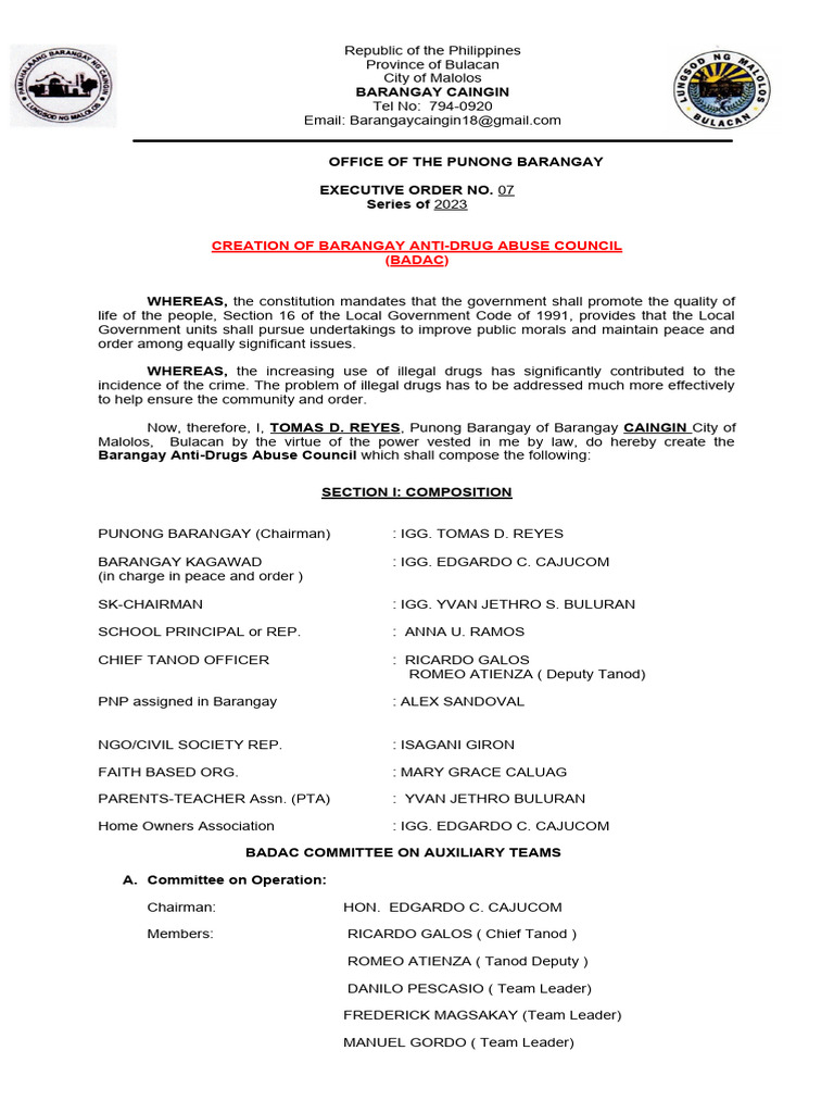 Creation of BADAC in Barangay Caingin | PDF | Government | Philippines