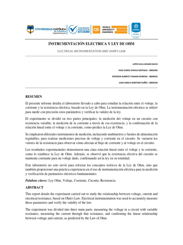 Informe Lab1 Electricidad | PDF | Resistencia Eléctrica y Conductancia ...