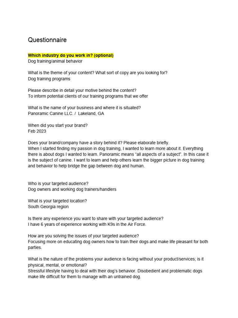 Content Questionnaire | PDF | Dogs | Dog Training