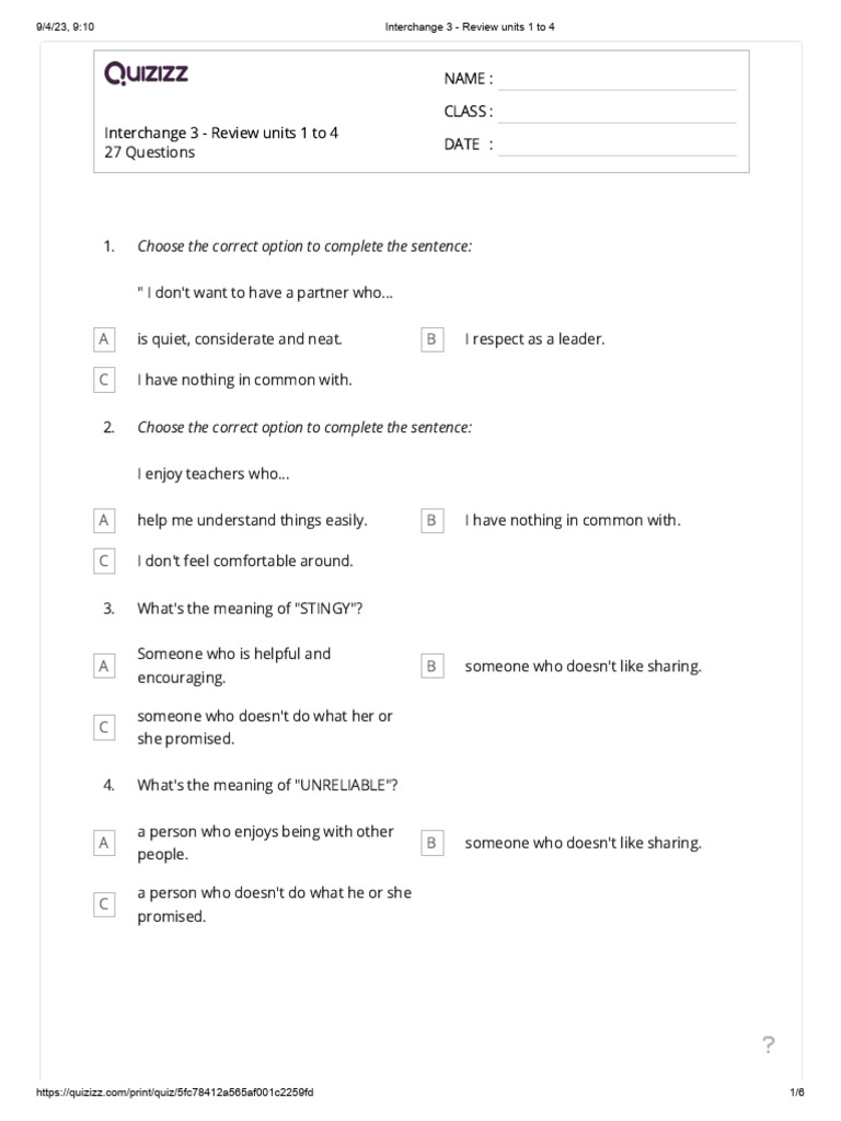 Interchange 3 Units 1-4 Review Quiz | PDF | Language Families ...