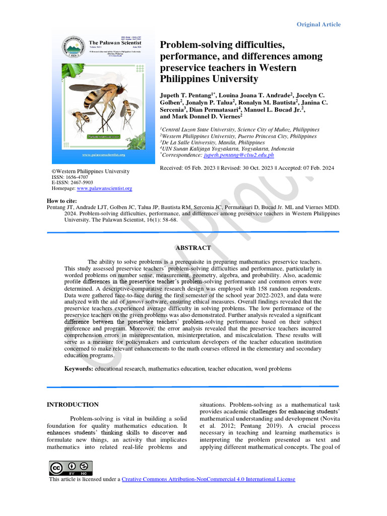 Problem-Solving Difficulties, Performance, and Differences Among Preservice Teachers in Western ...