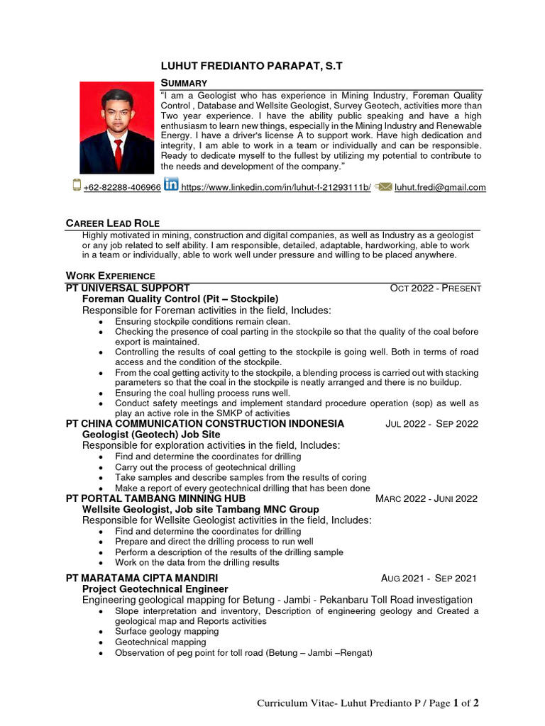 Curriculum Vitae - Luhut Fredianto.P | PDF | Geotechnical Engineering