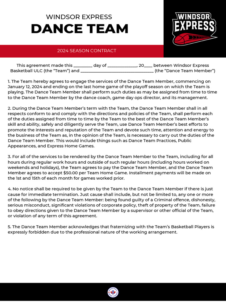 2024 Season - Dancers - Express Dance Team Contract | PDF | Damages ...