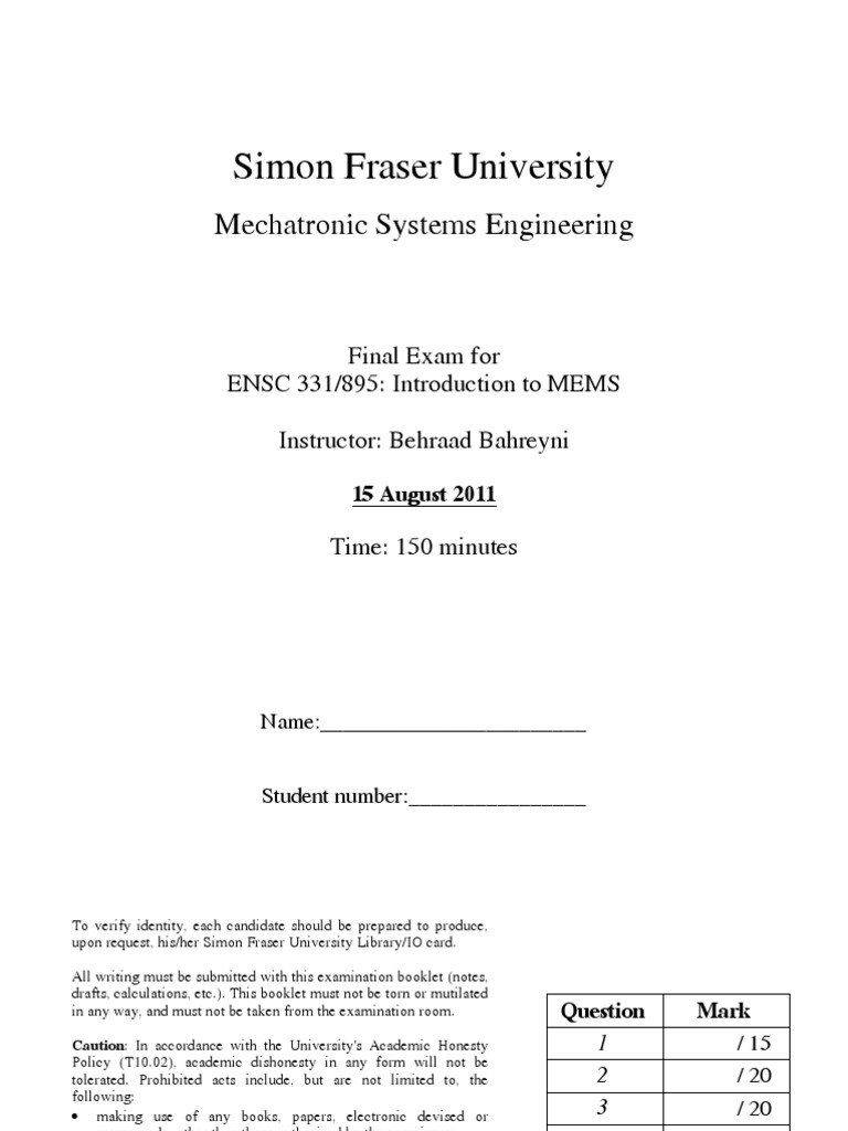 Simon Fraser University: Mechatronic Systems Engineering | PDF ...