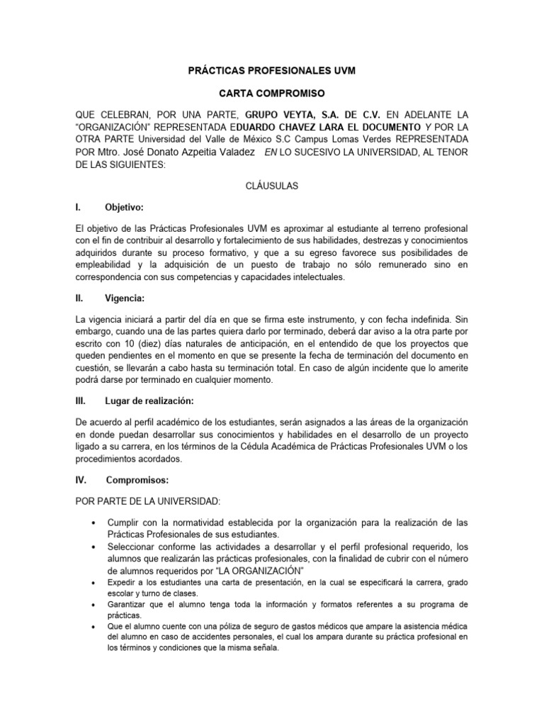 Carta Compromiso Prácticas UVM | PDF | Negocios