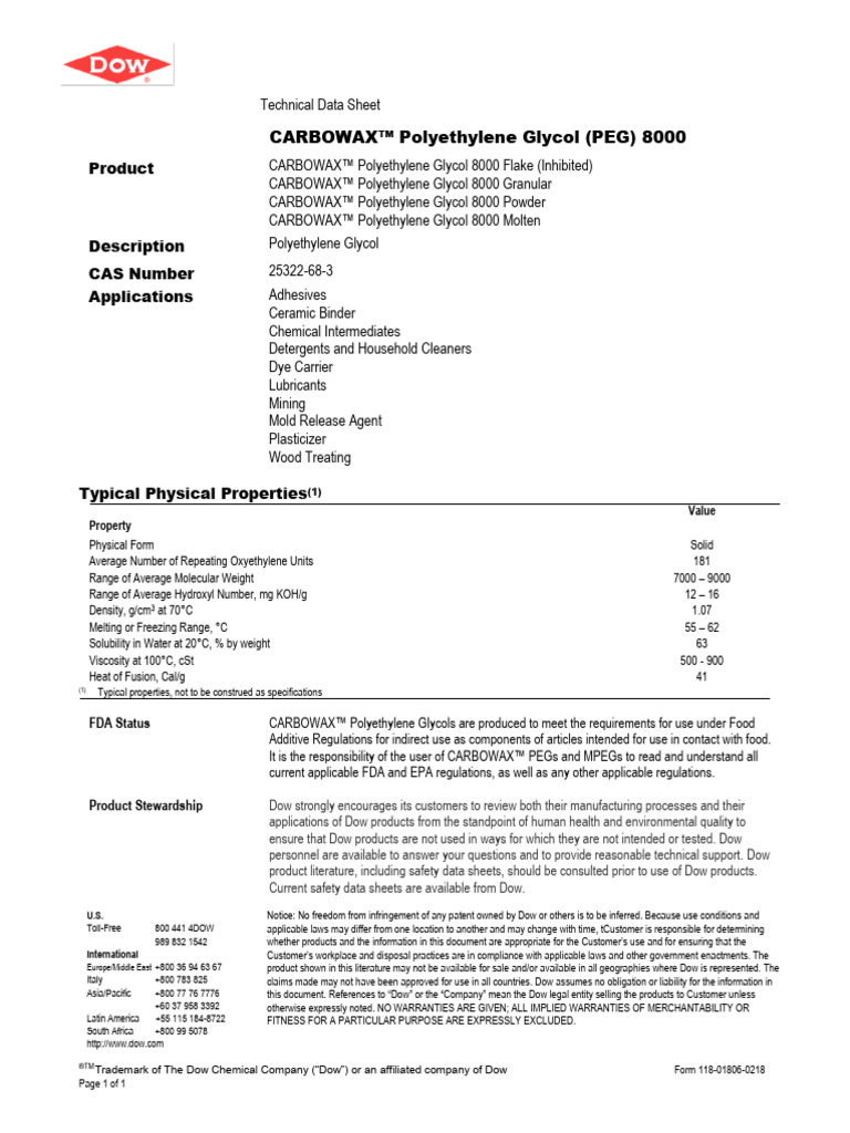 118 01806 01 Carbowax Polyethylene Glycol Peg 8000 Tds | PDF | Polyethylene Glycol | Chemical ...
