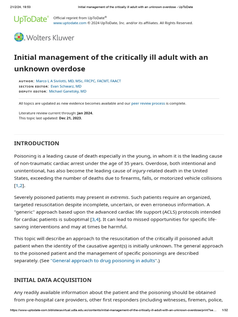 Initial Management of The Critically Ill Adult With An Unknown Overdose ...