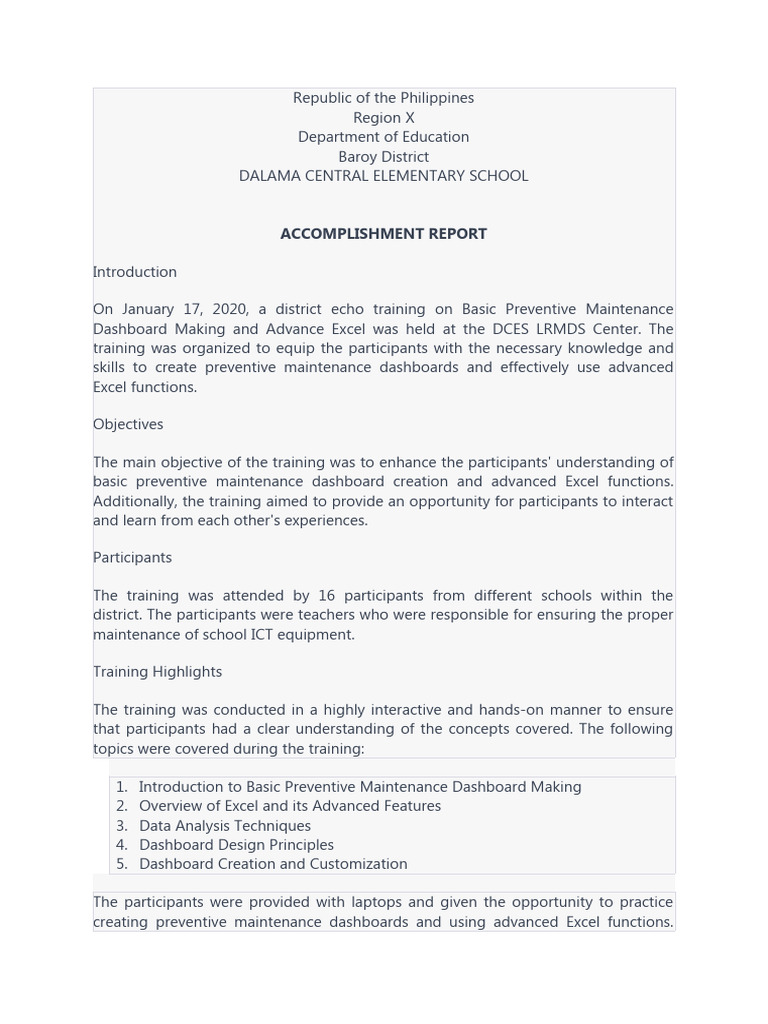 Accomplishment Report Dictrict Preventive Maintenance | PDF ...