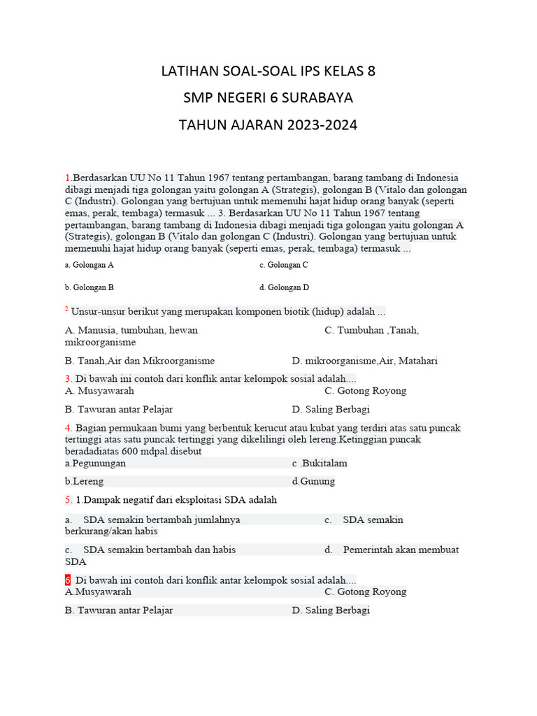 Latihan Soal-Soal Sas Ips Kls 8 | PDF