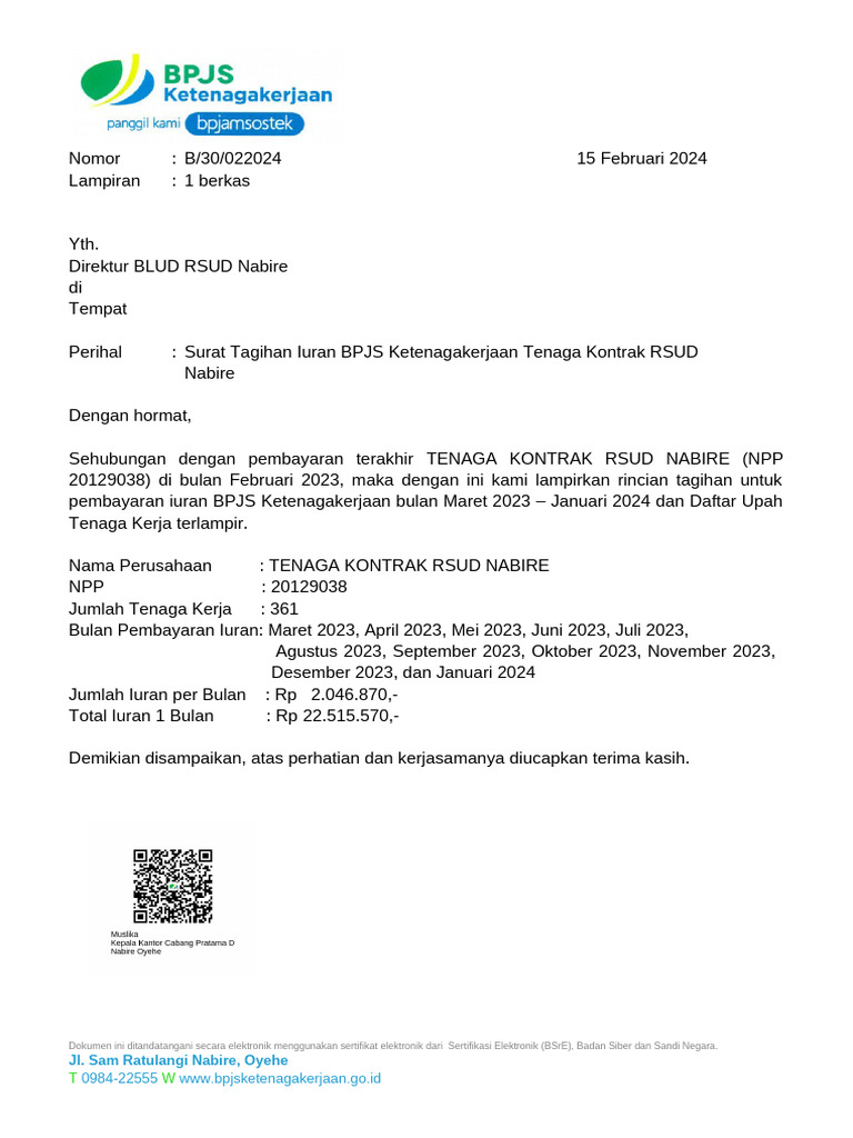 Surat Tagihan Iuran BPJS Ketenagakerjaan Tenaga Kontrak RSUD Nabire | PDF | Pengelolaan Keuangan ...