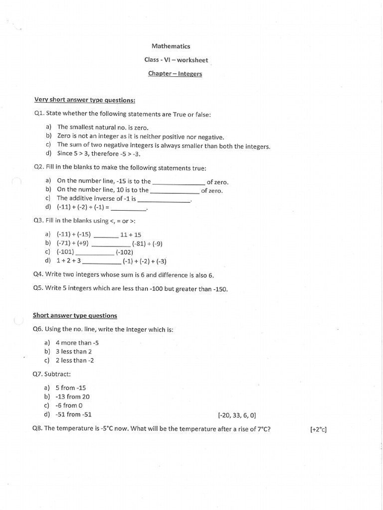 Class 6-Integers | PDF