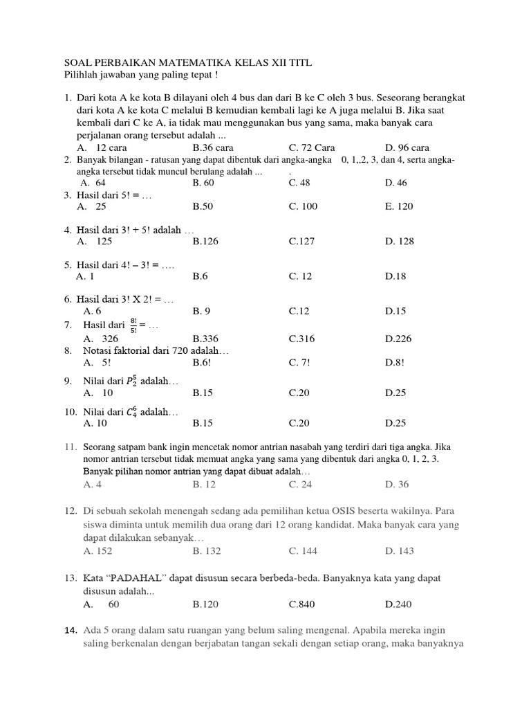 Soal Perbaikan Matematika Kelas Xii Titl | PDF