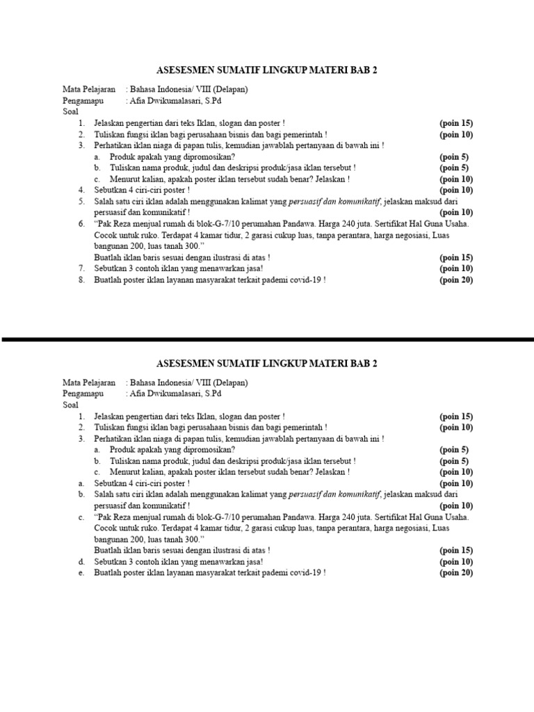 Kelas 8 Asesmen Sumatif Bab 2 | PDF