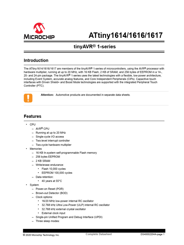 Microchip ATtiny1614 1616 1617 | Download Free PDF | Microcontroller | Computer Hardware