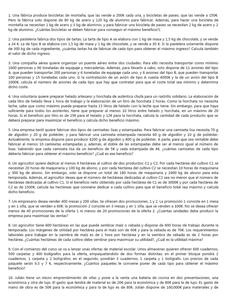 Programación Lineal Propuestos | PDF | Oferta (economía) | Agricultura