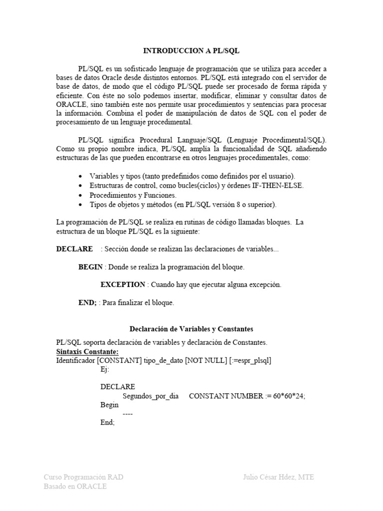 INTRODUCCION A PL - SQL | PDF | Pl / Sql | Bases de datos