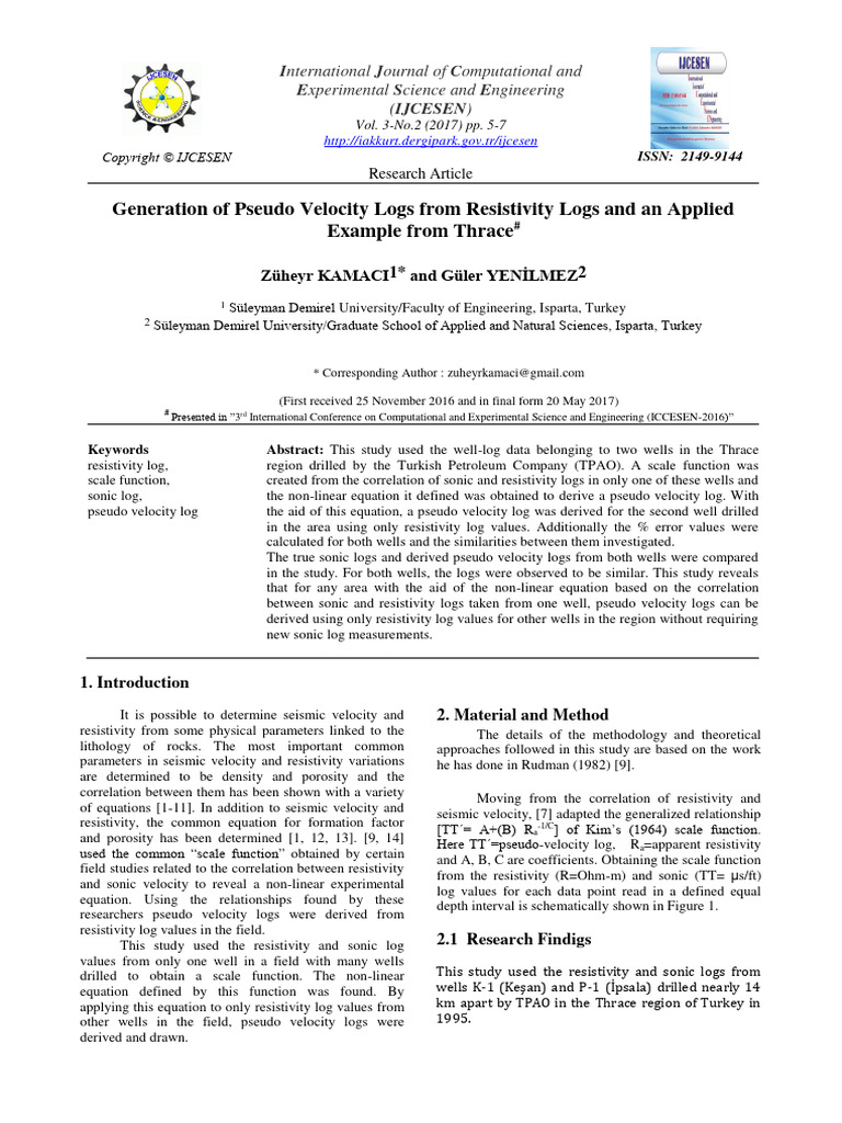Generation of Pseudo Velocity Logs From Resistivity Logs and An Applied ...