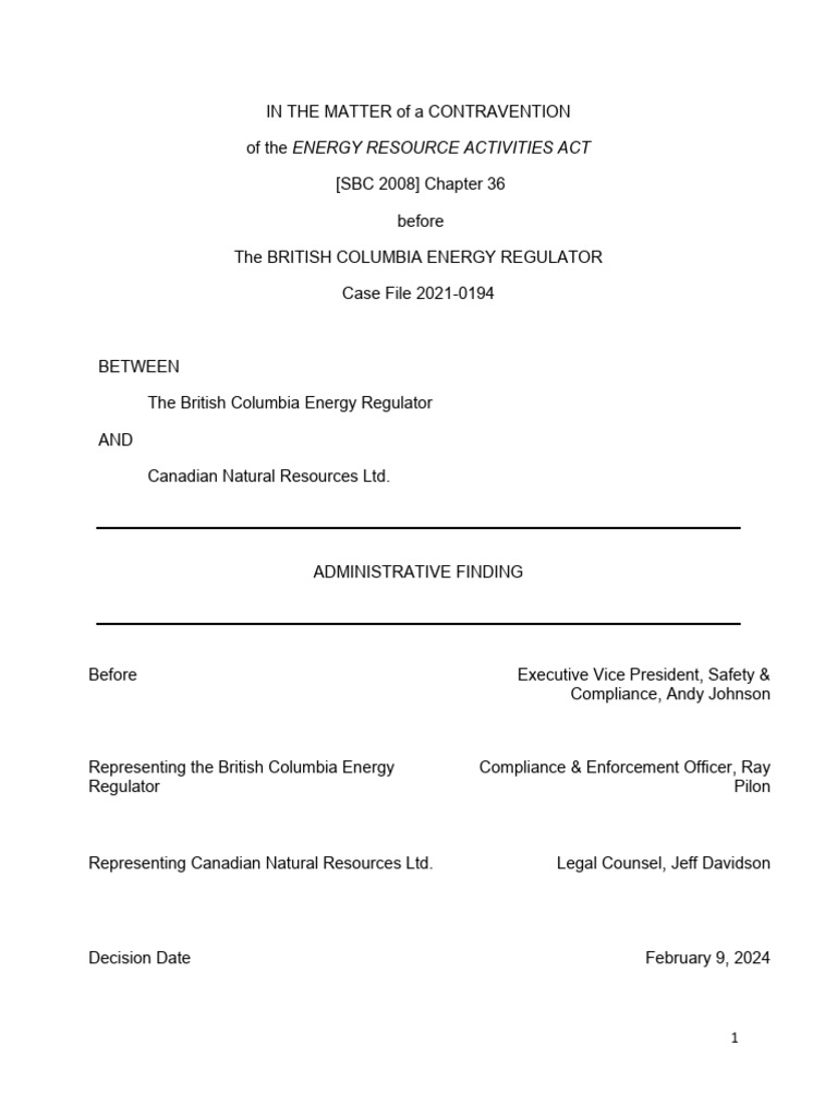 CNRL Contravention of Energy Act | PDF | Due Diligence | Regulatory Compliance