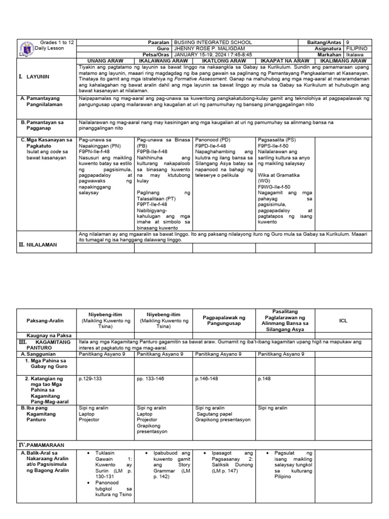 DLL - FILIPINO 9 2ngd Grading (Topic 4) - DONE | PDF