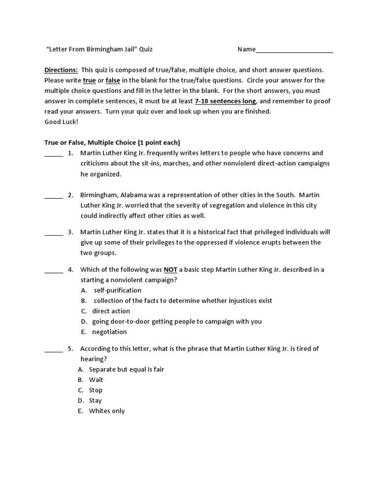 "Letter from Birmingham Jail Quiz" | PDF | Martin Luther King Jr. | The ...