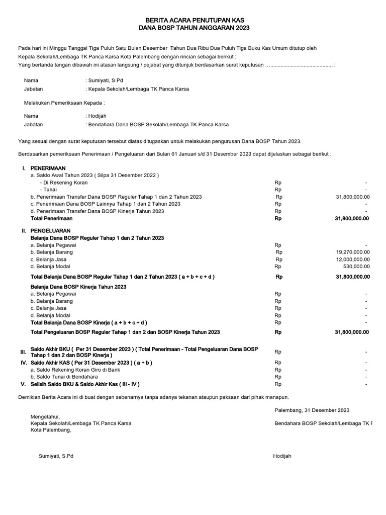 Format Rekon Dana Bosp Tahun 2023 Januari - Desember 2023 | PDF