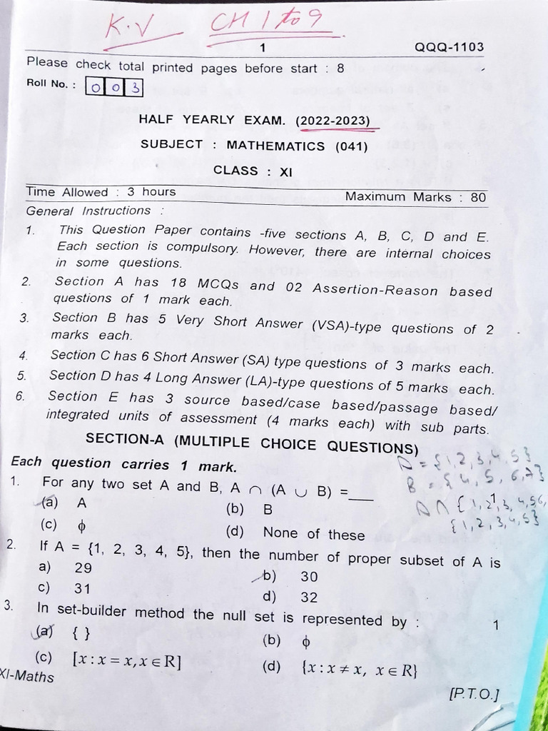 KV Exam Maths 2022-23 | PDF