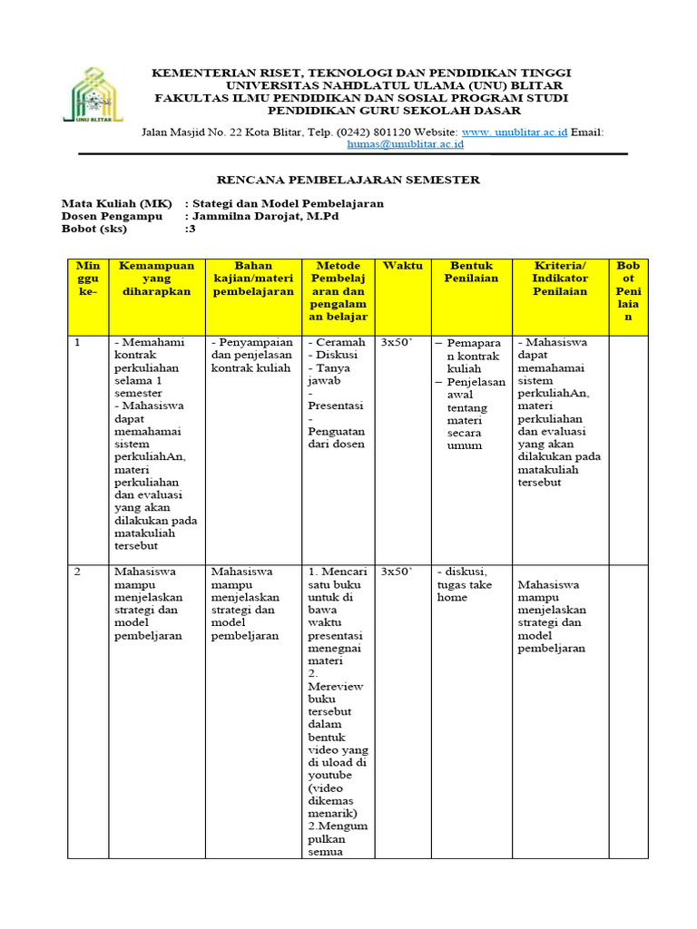 Rps Strategi Dan Model Pembelajaran | PDF