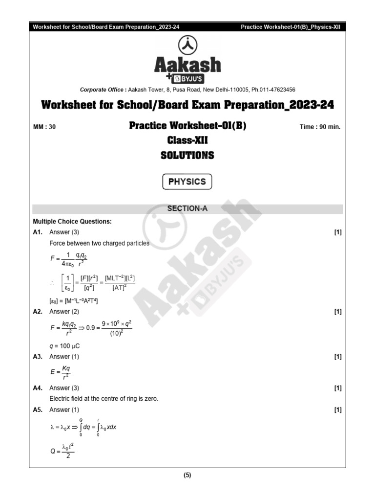Class XII Physics Exam Prep Worksheet | PDF | Electric Field | Dipole