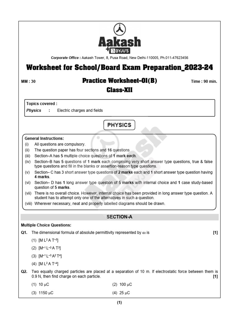Practice WS-01 (B) - Electric Charges and Fields - Physics - XIIth ...