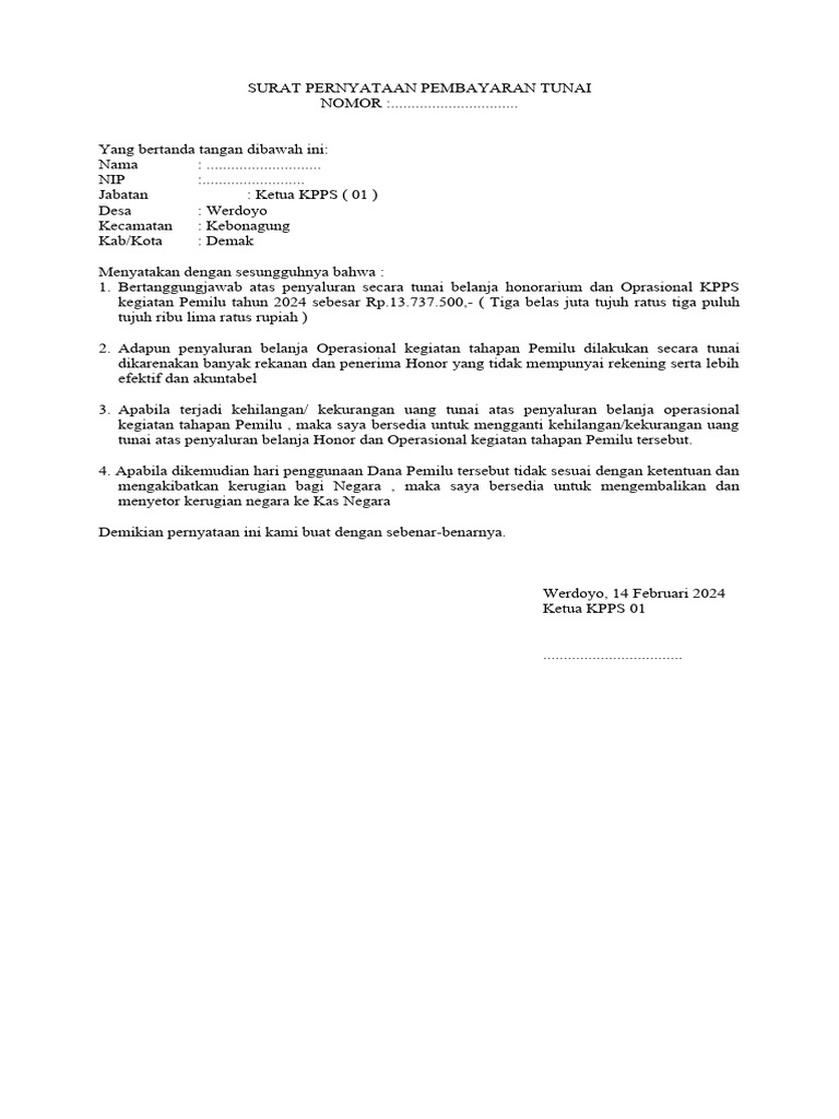Contoh Surat Pernyataan Pembayaran Tunai PDF