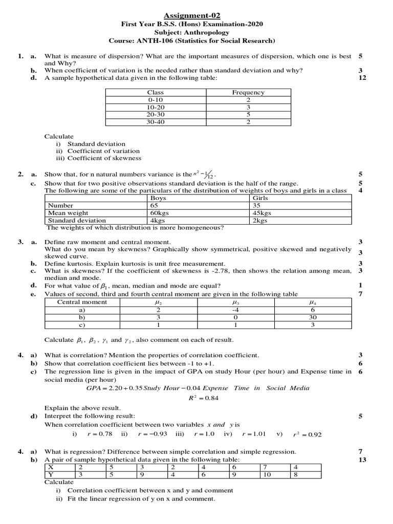 1H 2020 ANTH 106 Assignment 02 | PDF | Skewness | Linear Regression