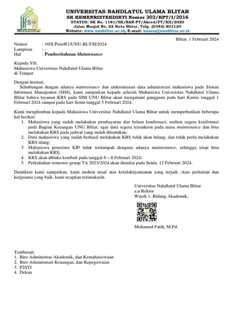 PENGUMUMAN MAINTENANCE SIM UNU BLITAR - Rev | PDF