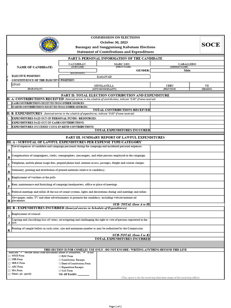 SOCE for Marc Leo Caumeran, Kagawad | PDF | Expense | Accountability