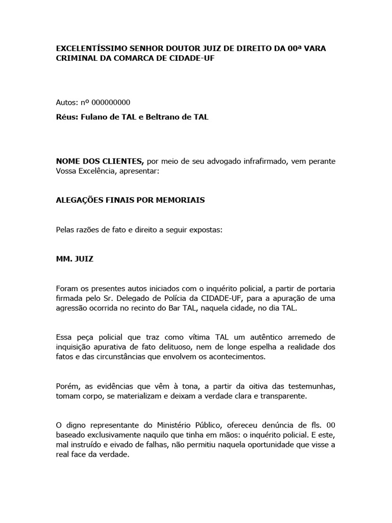 10 - Modelo de Memoriais - Lesão Coporal | Download grátis PDF ...