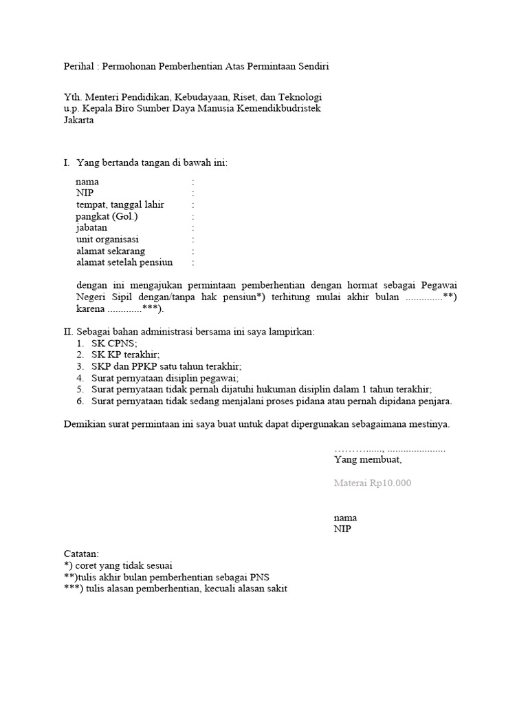 Surat Permohonan Pemberhentian APS PNS | PDF | Hukum