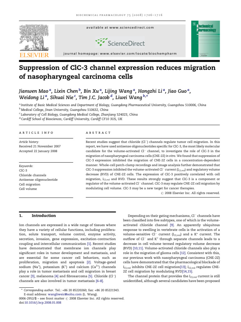 Suppression of ClC-3 Channel Expression Reduces Migration of Nasopharyngeal Carcinoma Cells ...