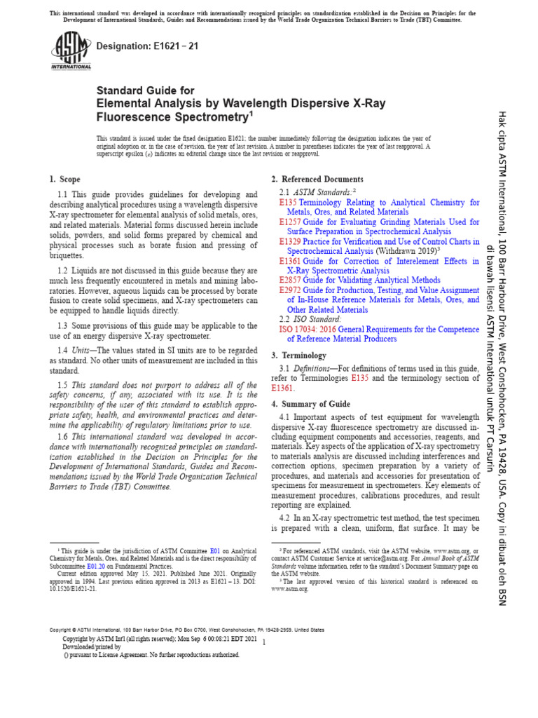 ASTM E1621-21 - Elemental Analysis Using WD XRF | PDF | Grinding ...