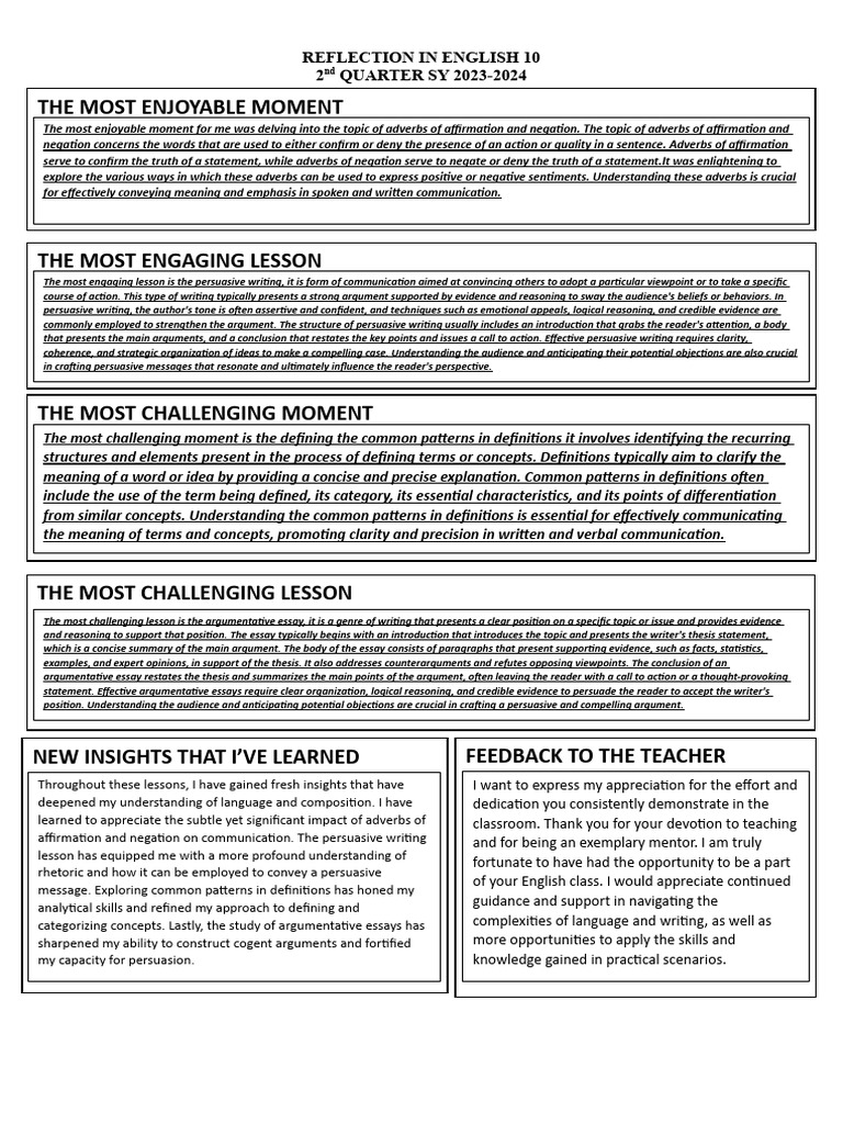 Reflection in English 10 | PDF | Argument | Essays